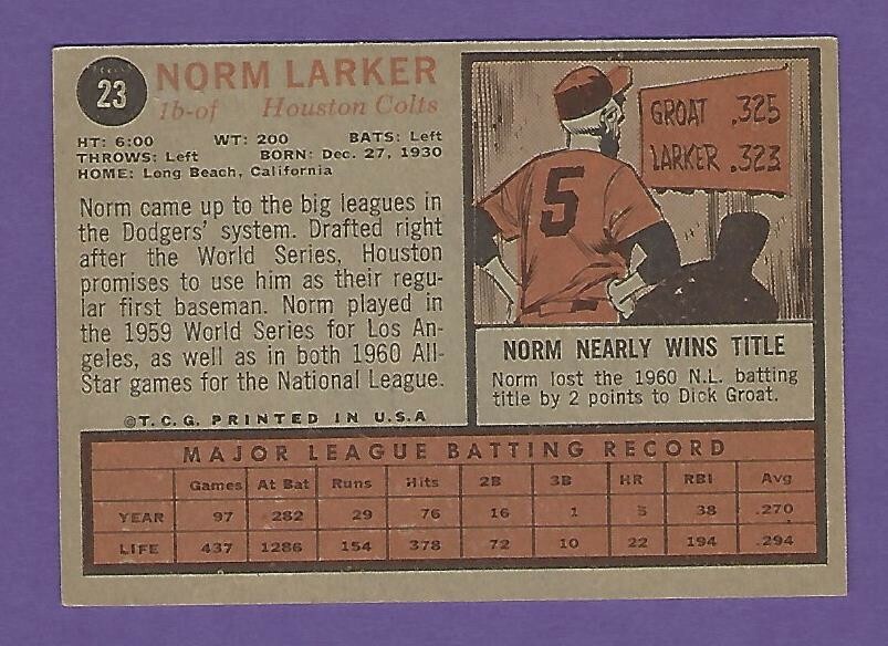 1962 Topps - #23 Norm Larker - Houston Colt 45s - ExMt+ | eBay