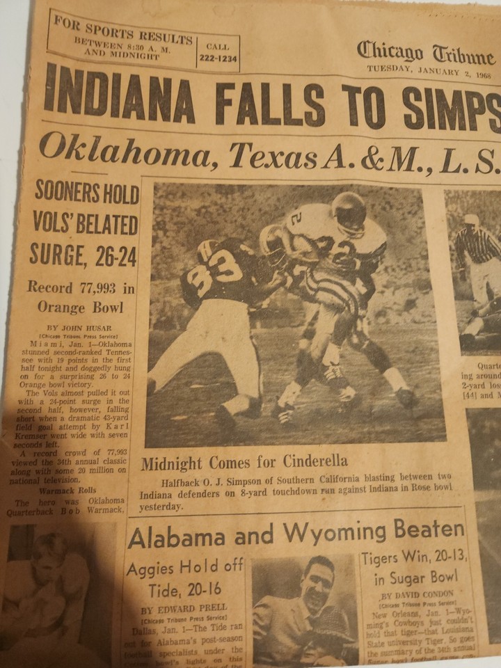 Indiana Falls To Simpson, U.S.C., 14-3 Jan 2 1968 Vintage Newspaper | eBay