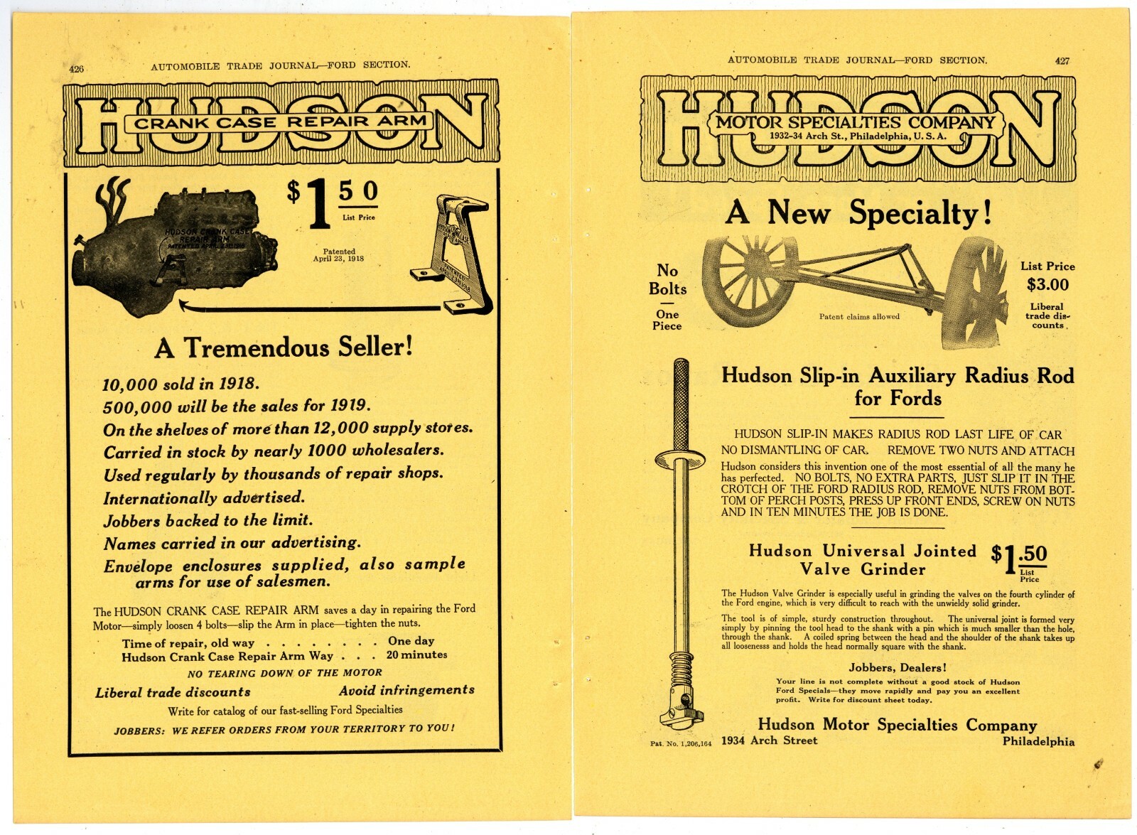 1919 Hudson Motor Specialties 2 Separate Pg. Ad: Parts for Fords ...