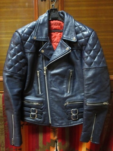 Lewis vintage dark blue 90s-00s leather rider jacket long jean style ...