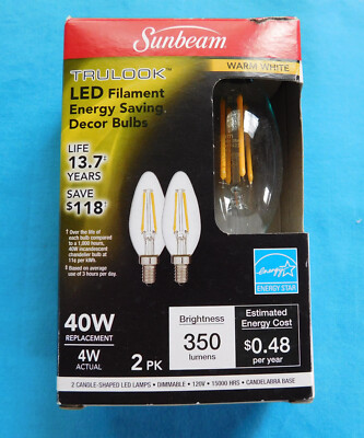 Sunbeam 4w/40watt LED Dimmable Decorative Candle Bulb B12 Medium Base ...