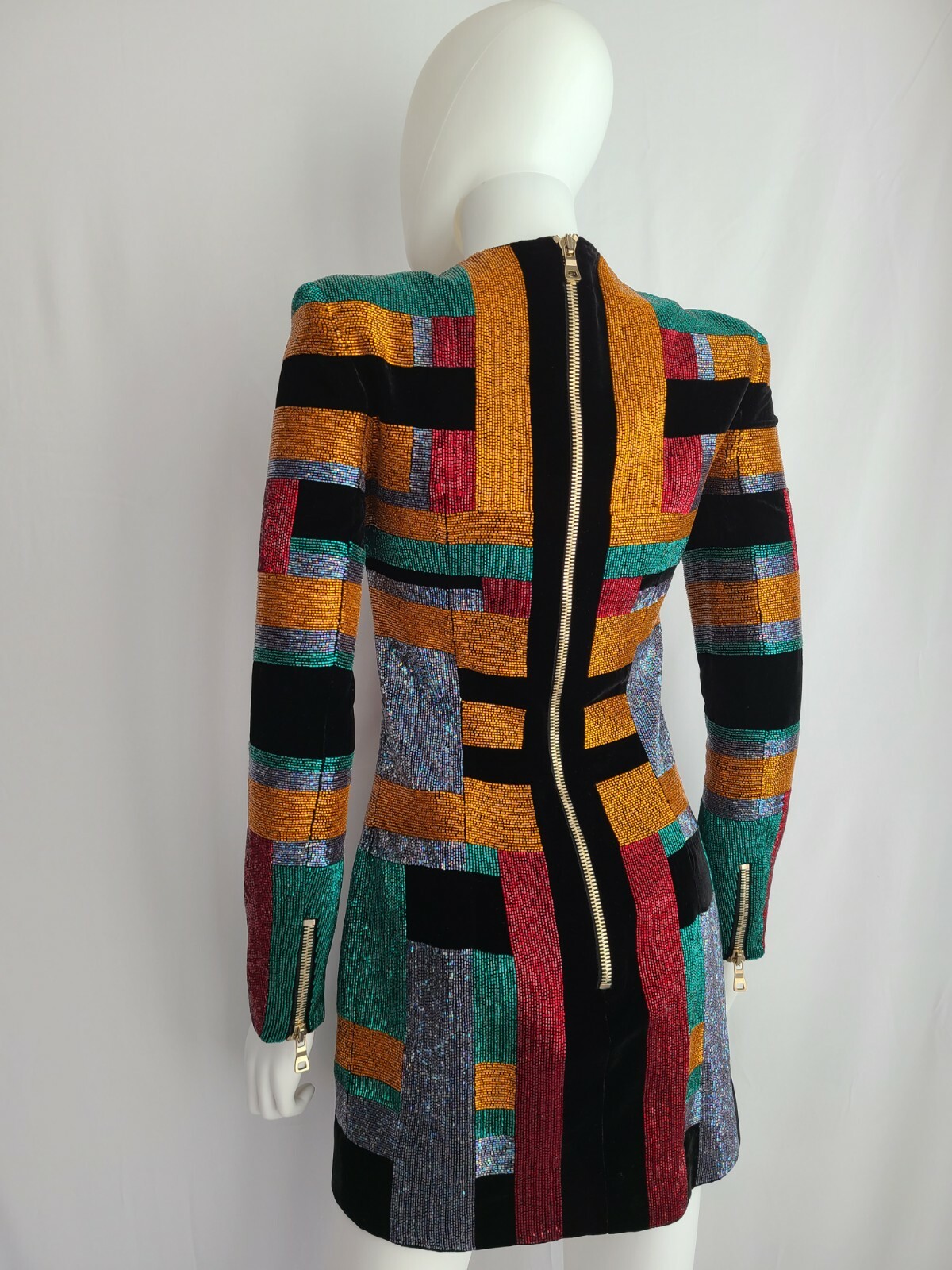 **BALMAIN** Multi-Color-block beaded velvet mini dress(belt,shoes ...
