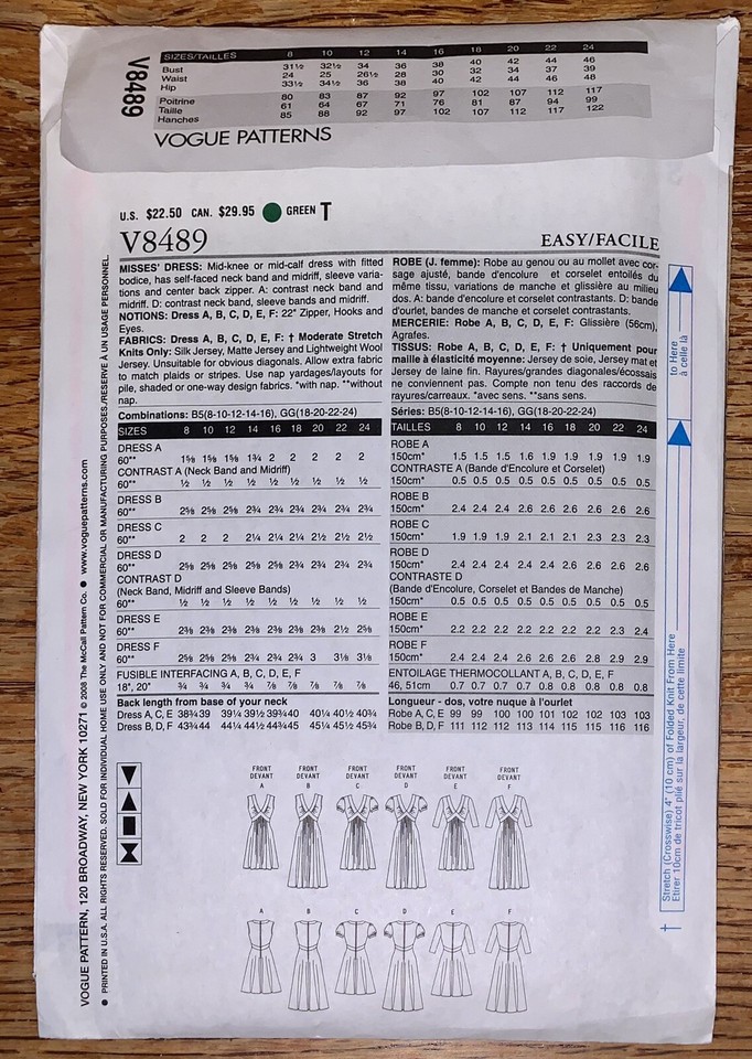 Vogue Easy Options Pattern 8489 Misses~ 6 Dress Styles Size 8-16 ~ CUT ...