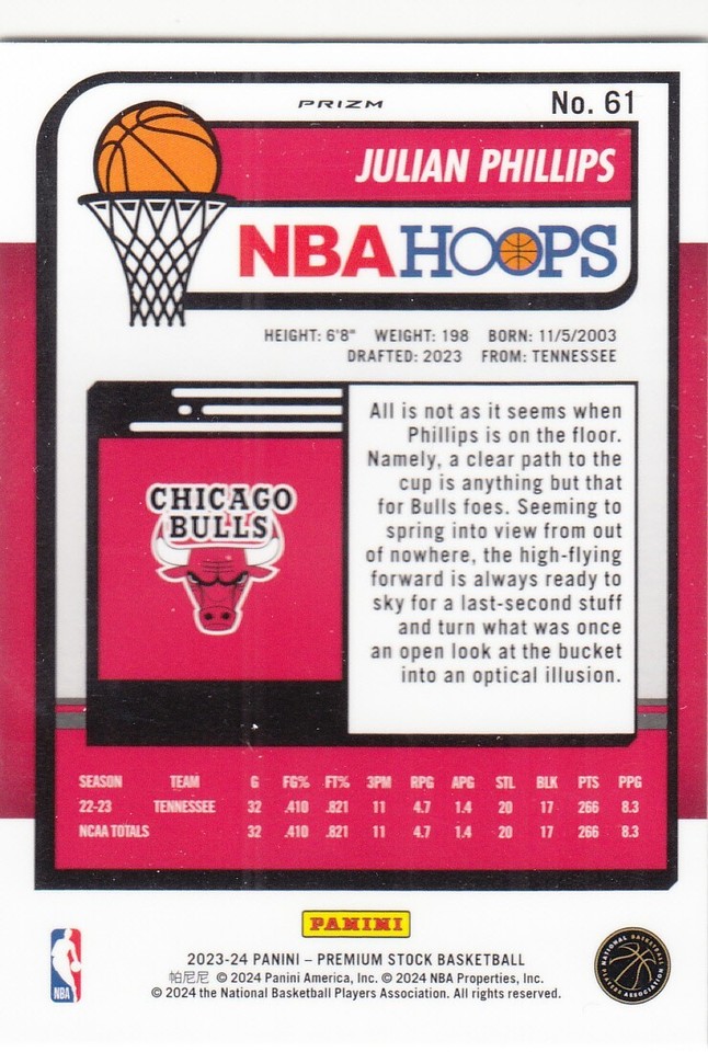 2023-24 NBA Hoops Premium Stock Seismic JULIAN PHILLIPS RC #61 Bulls | eBay