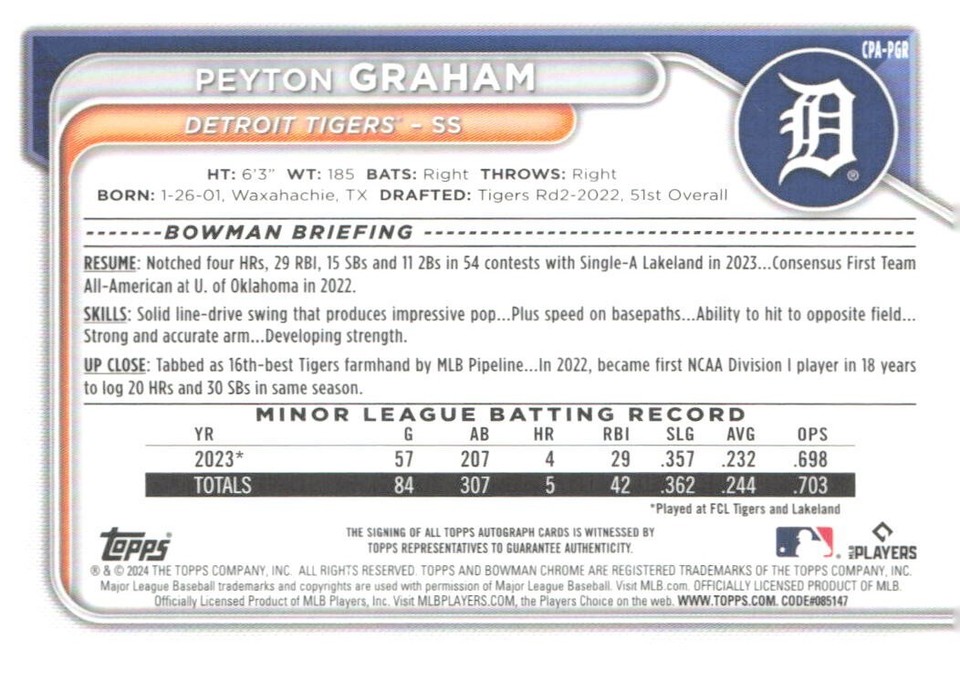 Peyton Graham 2024 Bowman Chrome 1st AUTO REFRACTOR /299 Tigers CPA-PGR ...