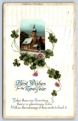 Best Wishes New Year Plenteous Love 4 Leaf Clover Church Clapsaddle ...
