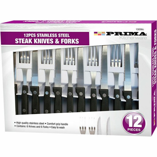 PRIMA 12 PIECE STAINLESS STEEL STEAK KNIFE KNIVES AND FORK SET ...