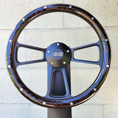 14" Black Billet Steering Wheel Real Dark Burnt Pine w/ Aluminum Rivets ...