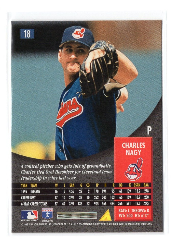 Baseball Card - 1996 Charles Nagy 18 - Cleveland Indians Pinnacle 96 ...
