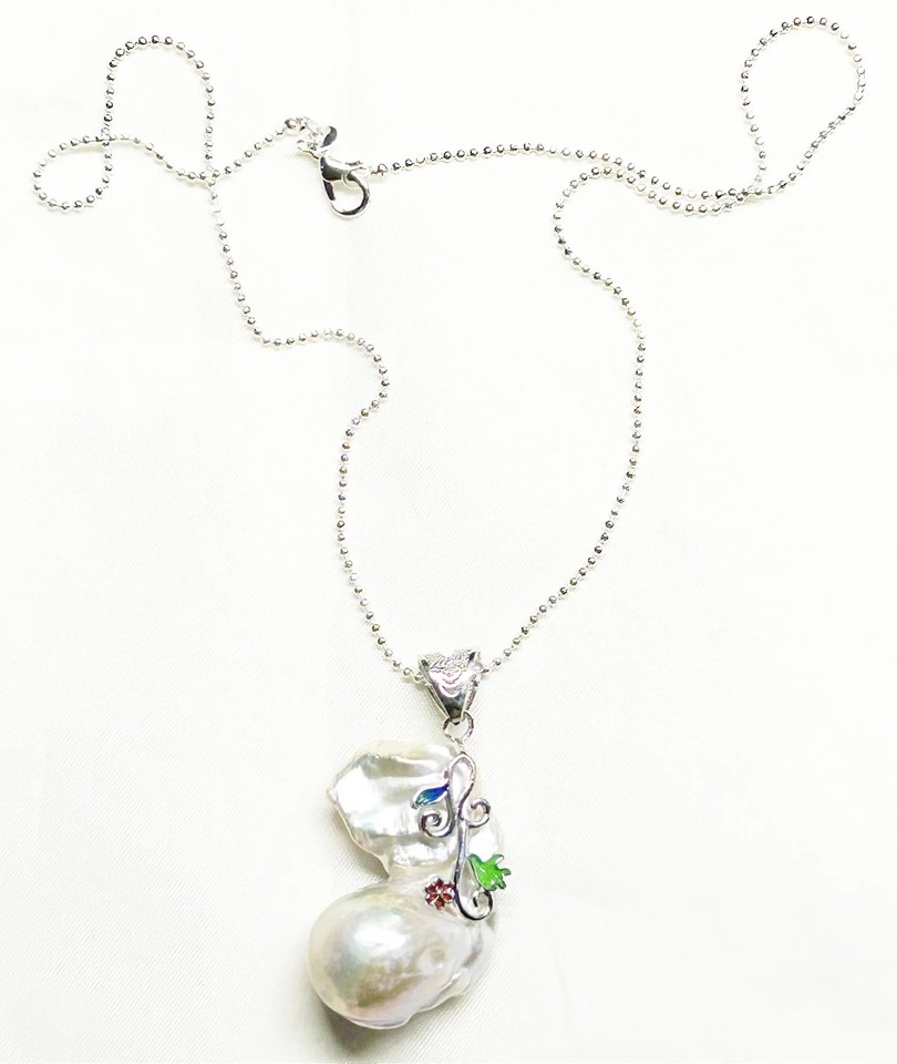 Sterling Silver & large baroque pearl pendant-wire wrapped on 18 inch ...