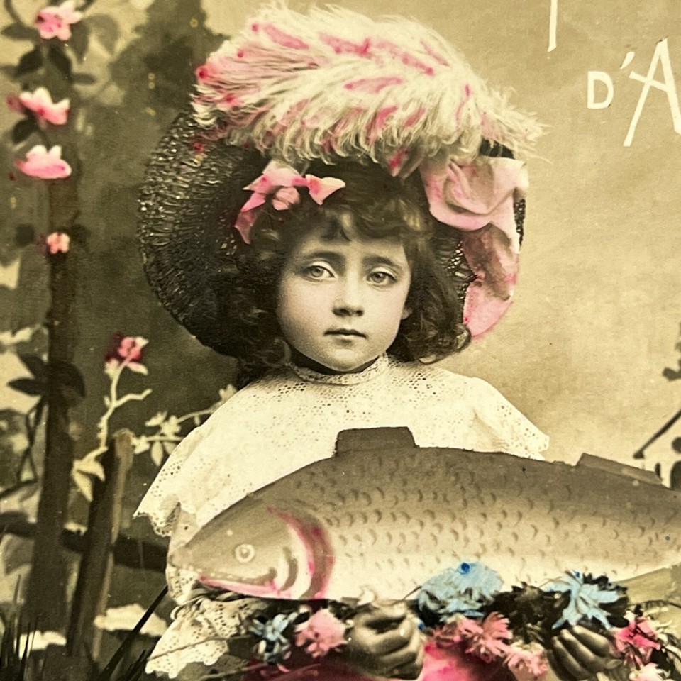 Vintage RPPC Postcard Adorable Little French Girl Holding Fake Fish ...