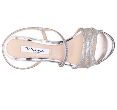 Nina GERRI SILVER METALLIC & CRYSTAL SLINGBACK KITTEN-HEEL SANDAL SIZE ...