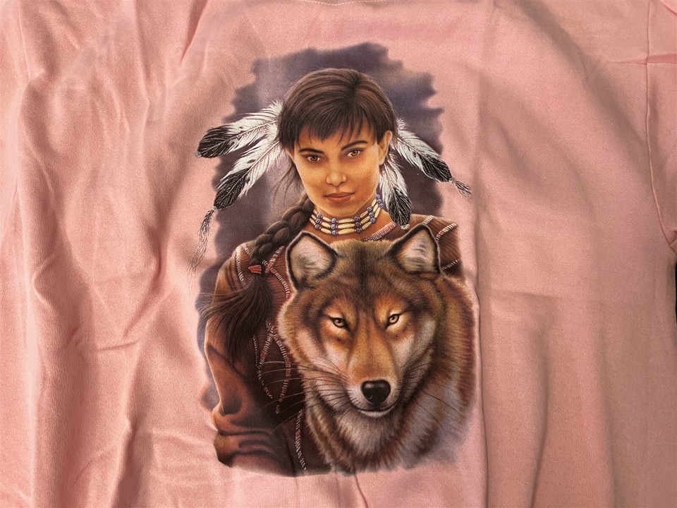 #3 VINTAGE 90'S JERZEES SWEATSHIRT PINK NATIVE AMERICAN GIRL W/ WOLF SZ ...