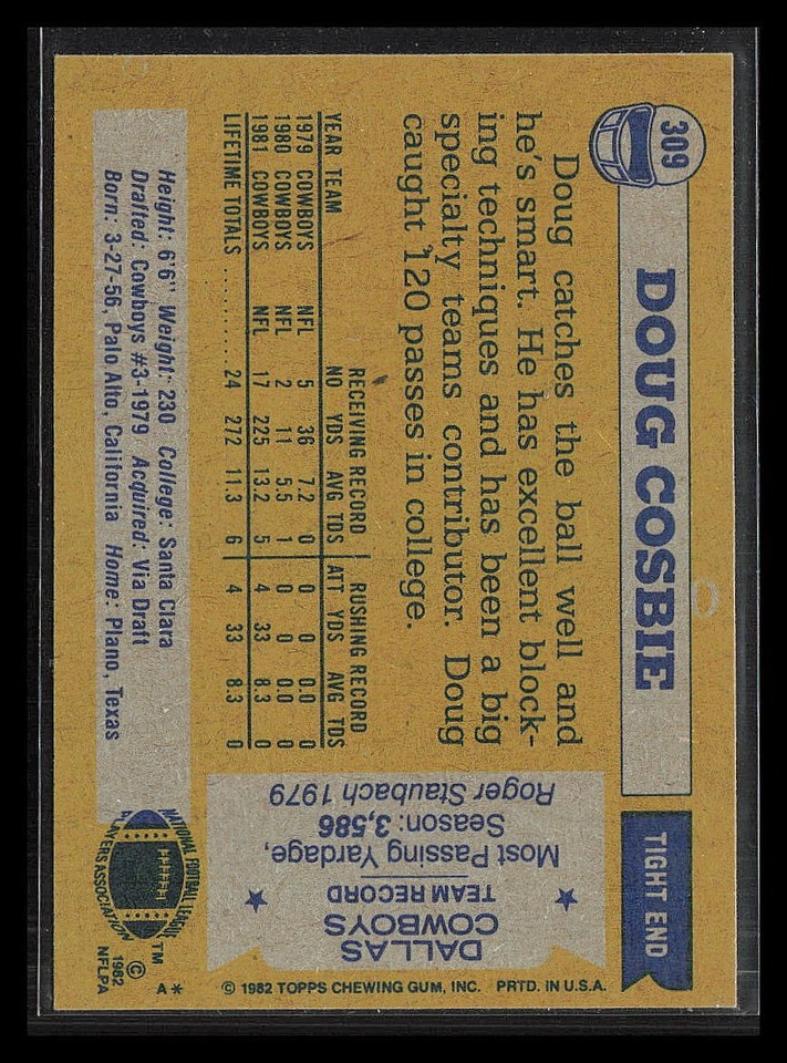 Doug Cosbie 1982 Topps #309 Dallas Cowboys Rookie | eBay