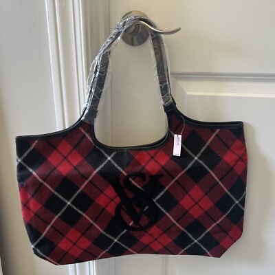 Victorias Secret Sherpa Logo Plaid Tote Bag Weekender Travel Tote Red ...