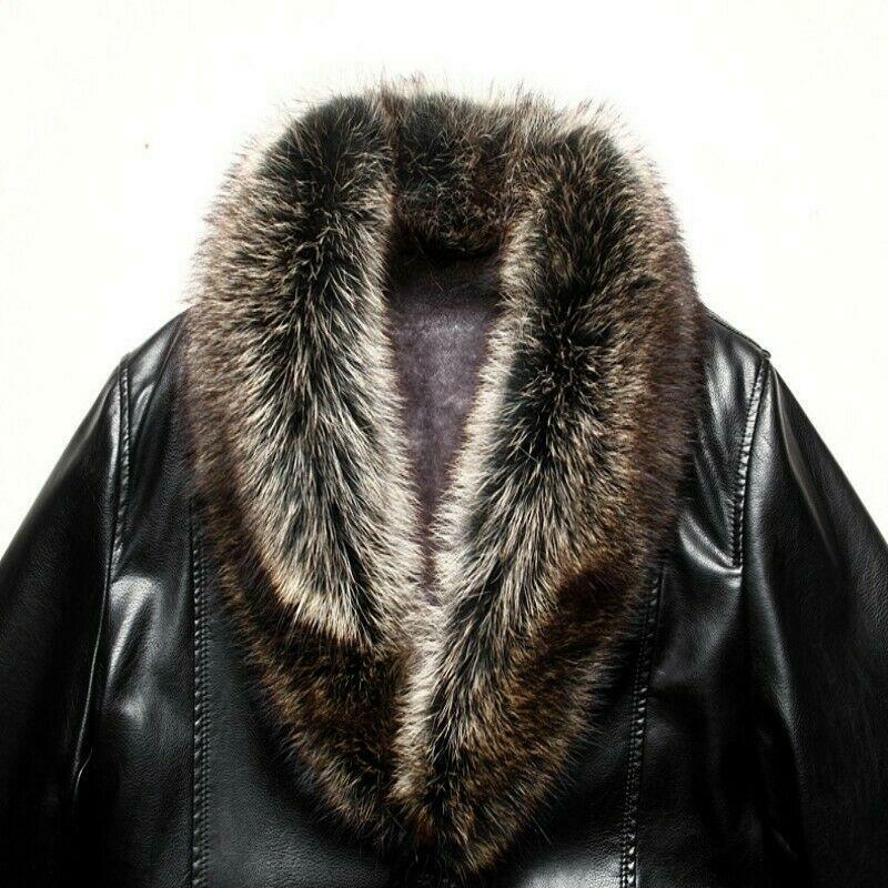 Men's mink Fur Collar Fur Lined Mid Long Real Leather Jacket Coat ...