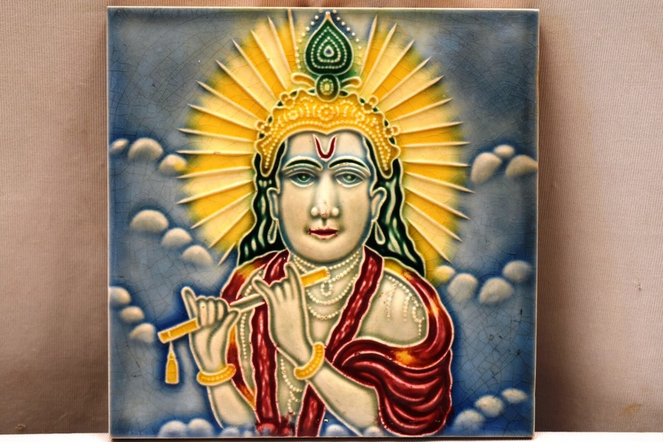 Antique Tile Art Nouveau Majolica Japan Lord Krishna Playing The Flute ...