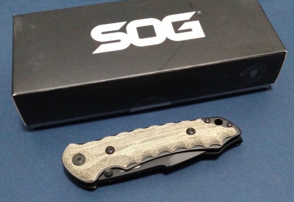 SOG KU-1002 Kiku Folder Knife Small Black TiNi Blade Linen Micarta New ...