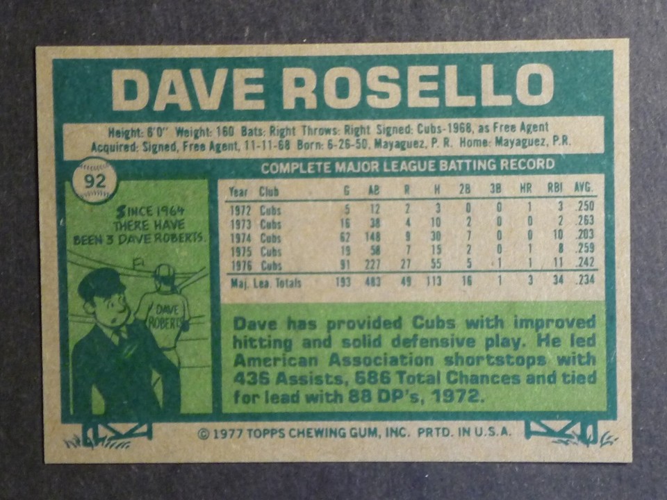 1977 Topps Dave Rosello #92 Cubs 001 NM/MT or Better | eBay