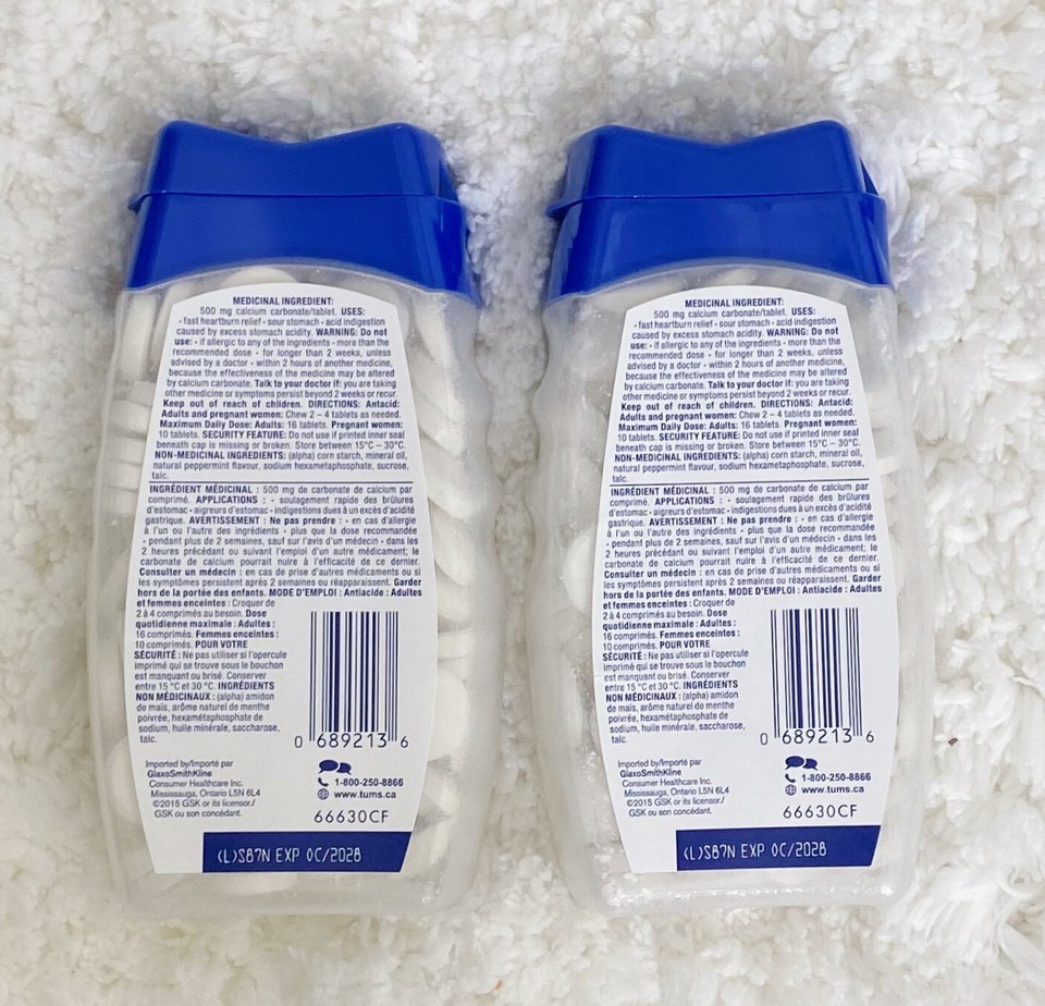 TUMS Peppermint REGULAR Strength 500mg Antacid 150 x2 Chewable Exp 2028 ...