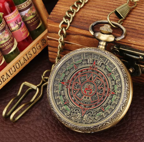 Aztec Sol Calendar Sun Stone Pocket Watch, Mexica, Old Fashion Bronze ...