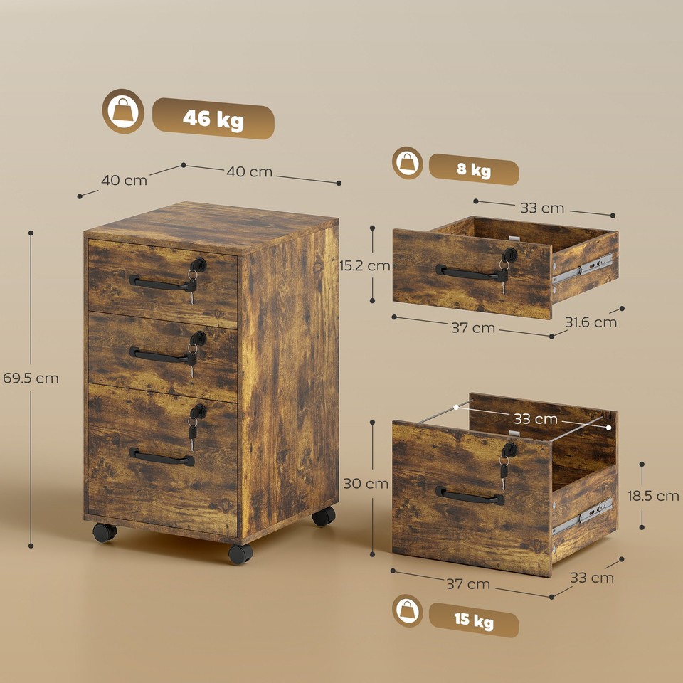 3 Drawer Mobile Filing Cabinet Rustic Brown Lockable Office Storage ...