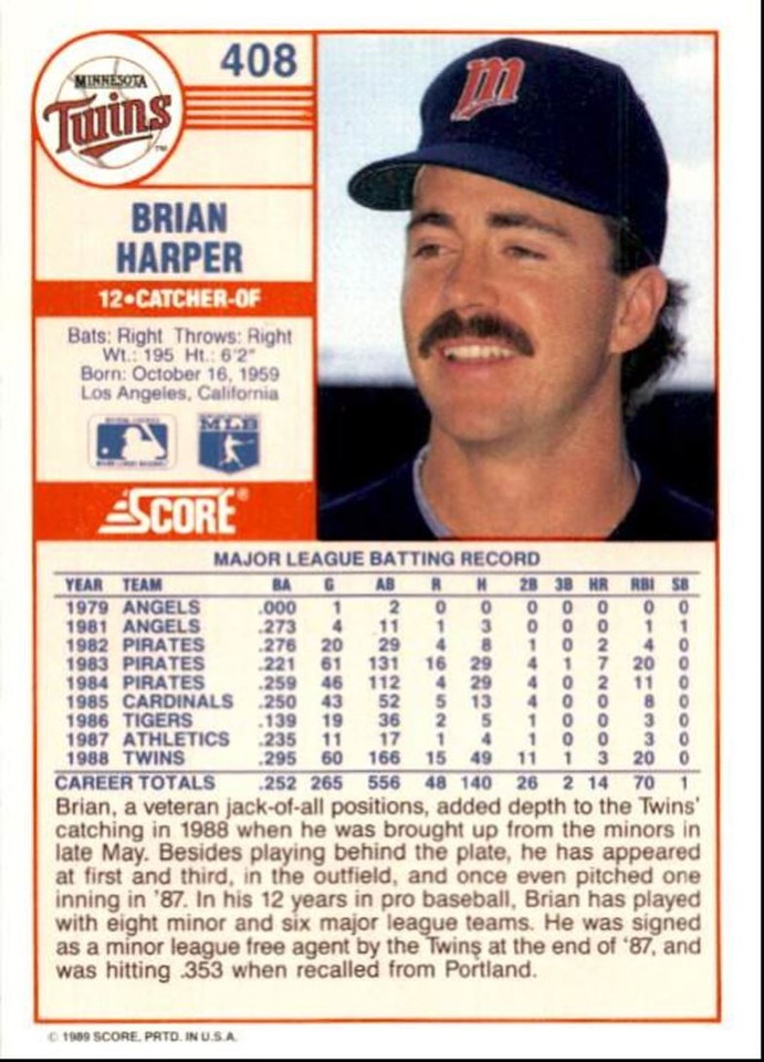 1989 Score Baseball Card Brian Harper Minnesota Twins #408 | eBay