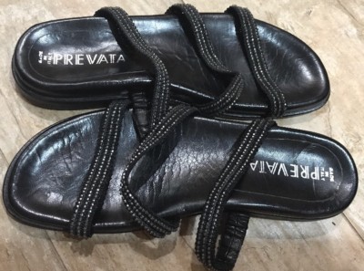 Wm’s Vintage PREVATA BLACK LEATHER SANDAL SLIDES 3 STRAPS METALLIC ...