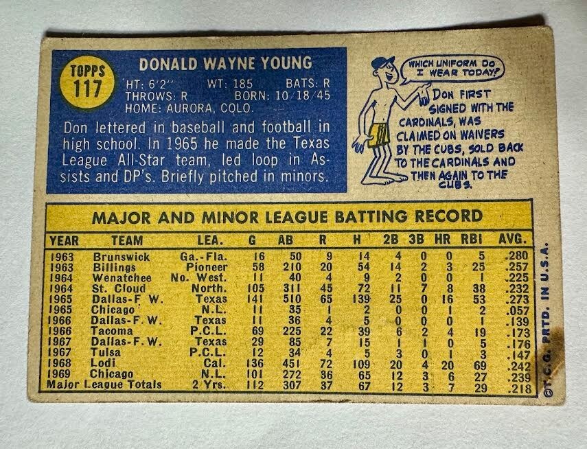 1970 Topps # 117 Don Young- Chicago Cubs Vg-EX | eBay