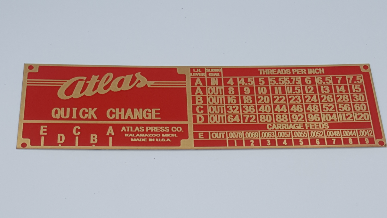 ATLAS 10 INCH LATHE QUICK CHANGE GEARBOX THREAD CHART TAG LABEL | eBay