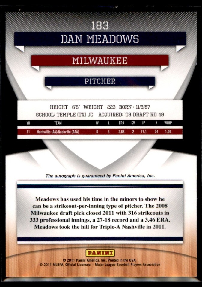 Dan Meadows 2011 Donruss Elite Extra Edition Franchise Futures Auto ...