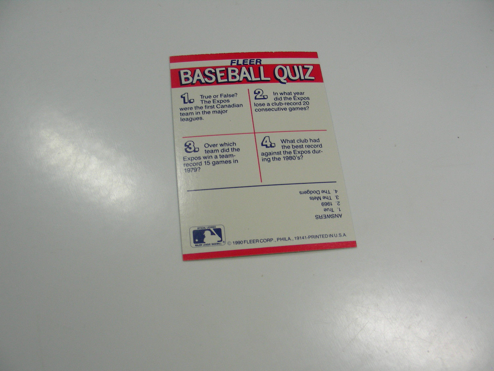 1990 Fleer Baseball Logo Stickers Montreal Expos Baseball Quiz on back ...