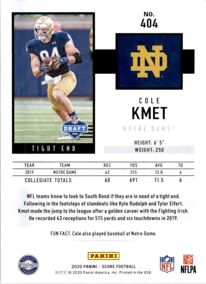 2020 Score #404 Cole Kmet Notre Dame Fighting Irish Football Card | eBay