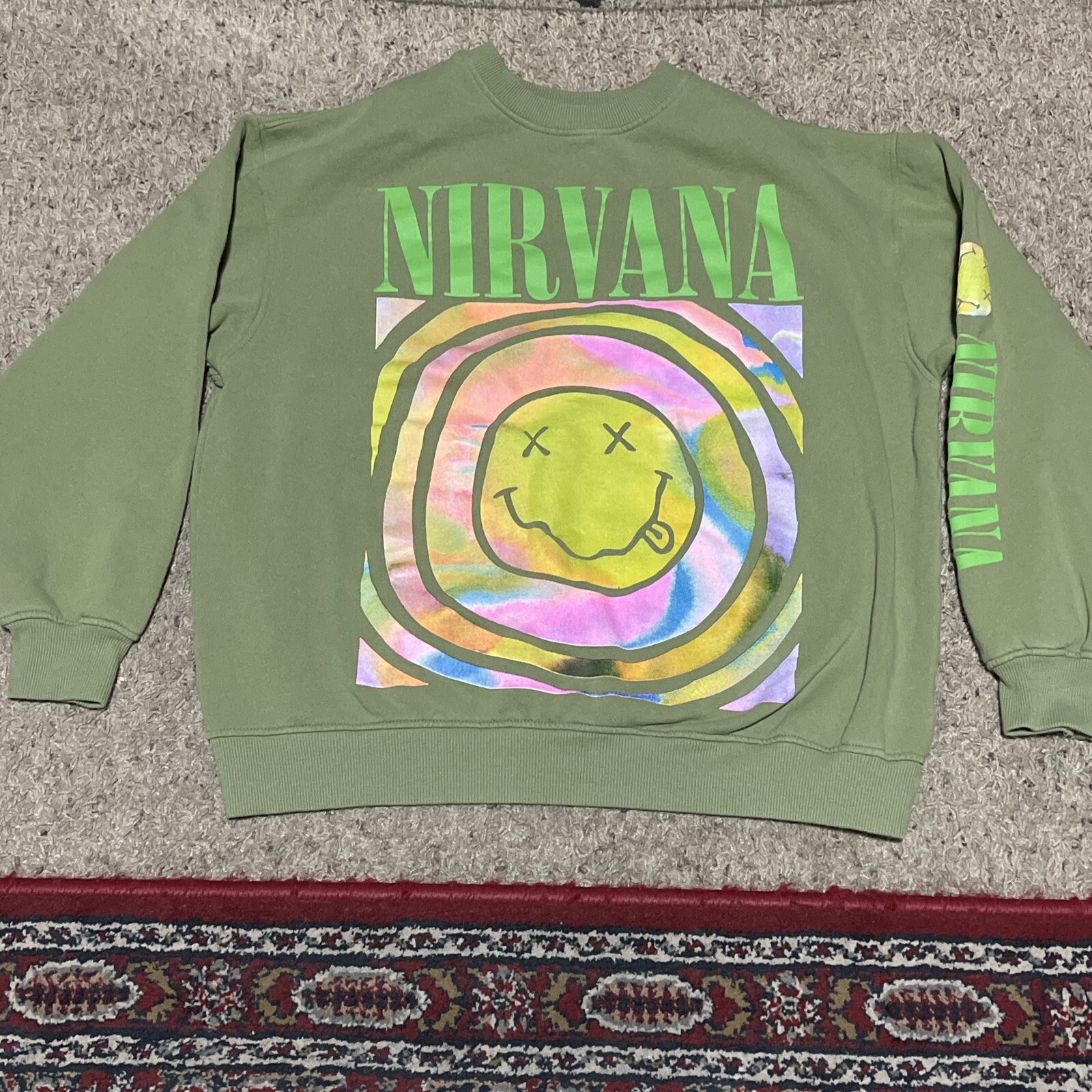 Nirvana Sweater Womens Large Green Pink Yellow Oversized Graphic Print ...
