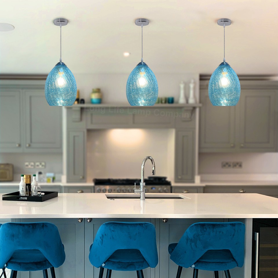 Modern Crackled Blue Glass Shade Chandelier Pendant Ceiling Pub Dine ...