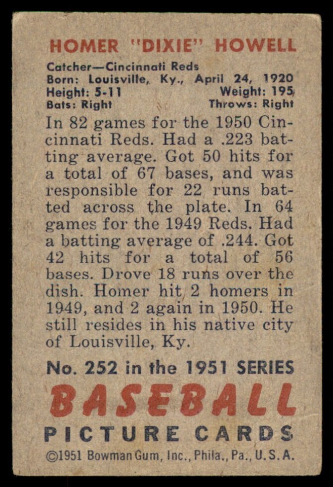 1951 Bowman #252 Homer Dixie Howell Cincinnati Reds | eBay