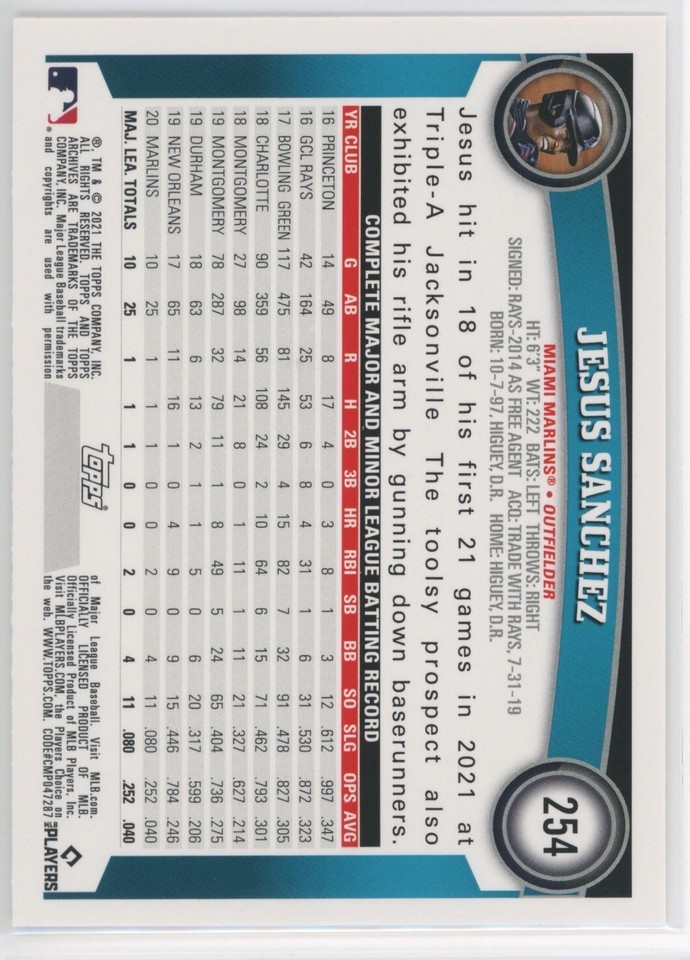 JESUS SANCHEZ 2021 TOPPS ARCHIVES ROOKIE #254 RC QTY | eBay