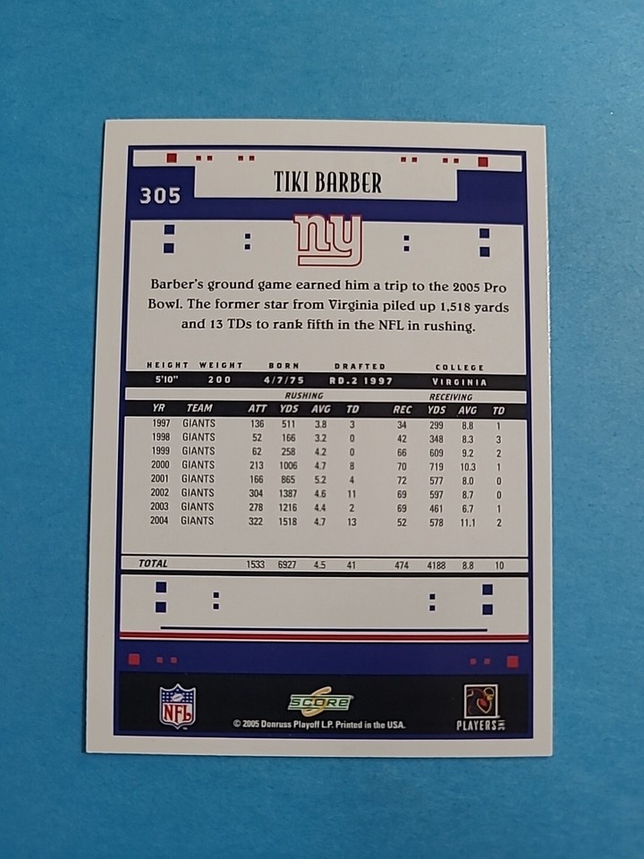 Tiki Barber 2005 Score Football Card # 305 I3346 | eBay