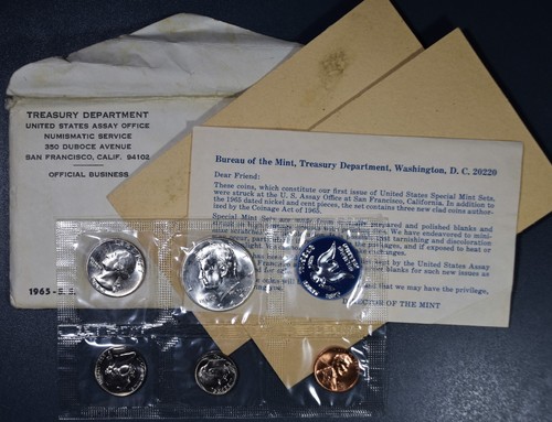 1965 US MINT UNCIRCULATED Special Mint Set 5-Coins w/ENVELOPE & COA ...