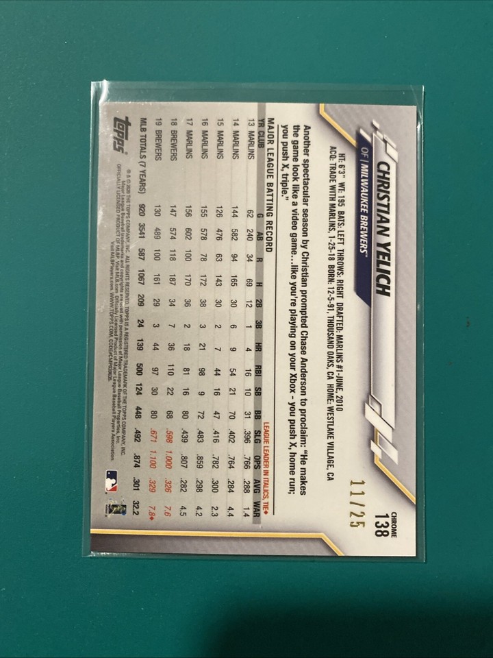 2020 Topps Chrome CHRISTIAN YELICH Orange Refractor 11/25 Image ...