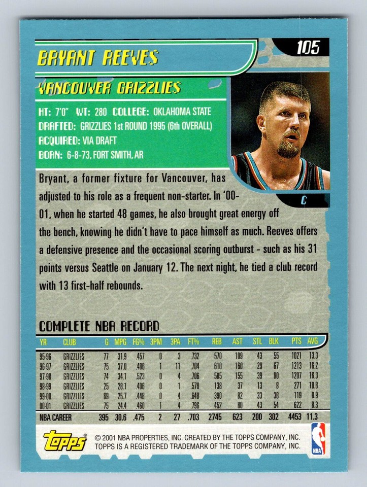 2001-02 Topps #105 Bryant Reeves | eBay