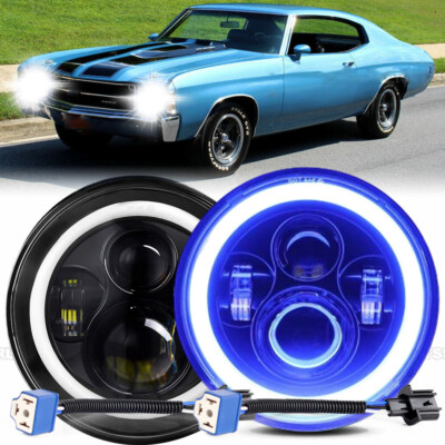 Pair Blue Halo 7inch LED Headlight HI/LO DRL Light Fit Chevy Chevelle ...