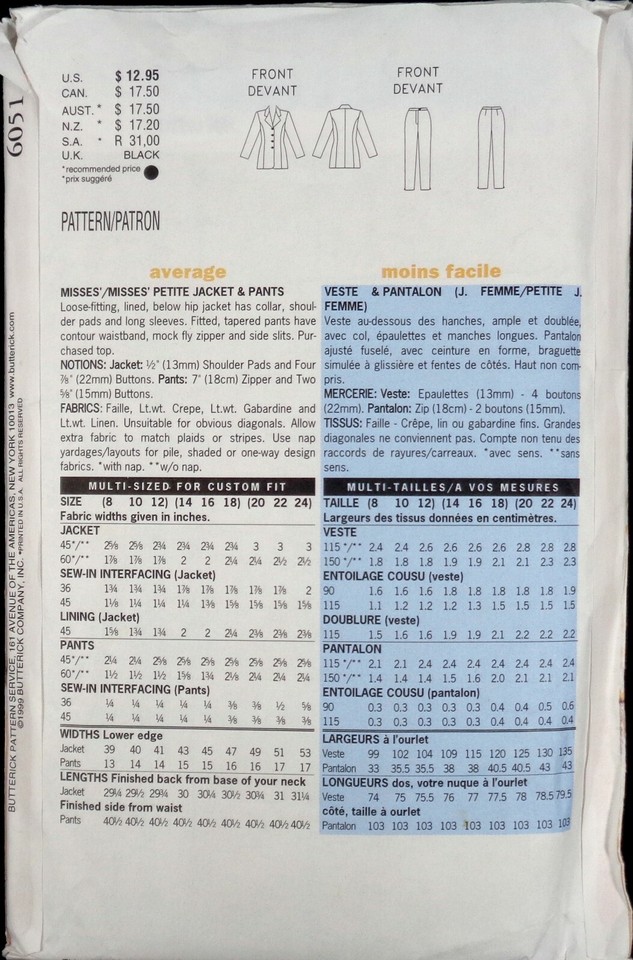 Butterick pattern 6051 Misses'/Misses' Petite J.G. Hook Jacket & Pants ...