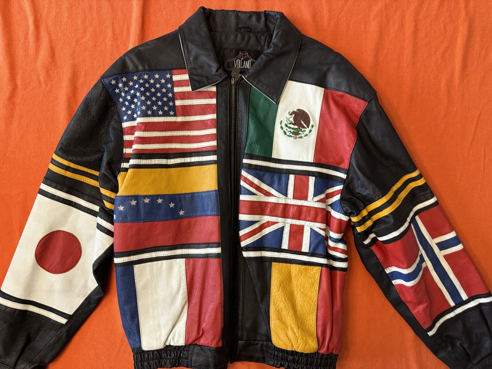 Vintage Volcano World Flag Collage Leather Jacket - Gem