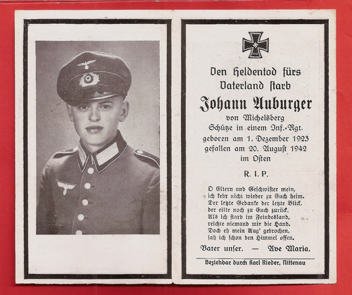 Germany WW2 German soldier soldat DEATH PHOTO card Johann Nuberger Aug ...