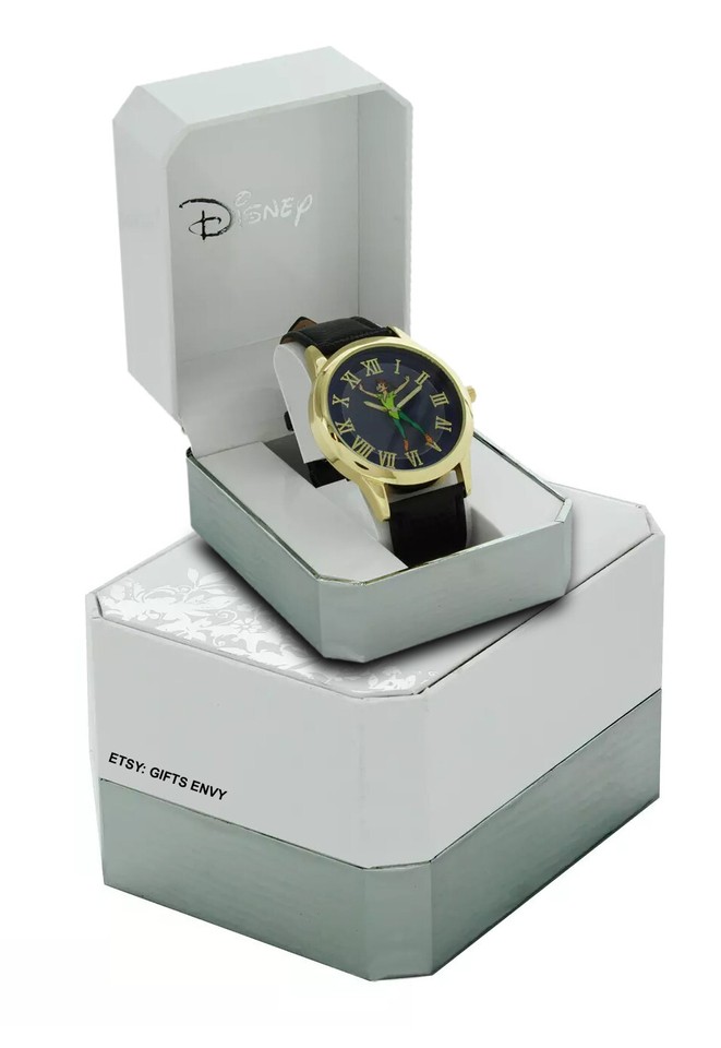 Disney Peter Pan Watch With Gold Case, Blue Dial, Genuine Leather Band ...