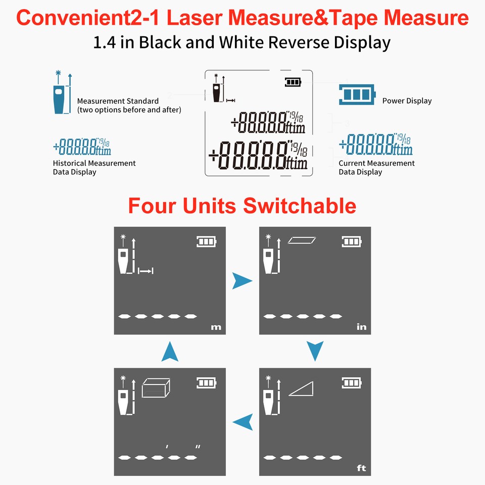 DTAPE 2 in 1 /40M digital Laser Tape Measure Silent USB Rechargeable ...