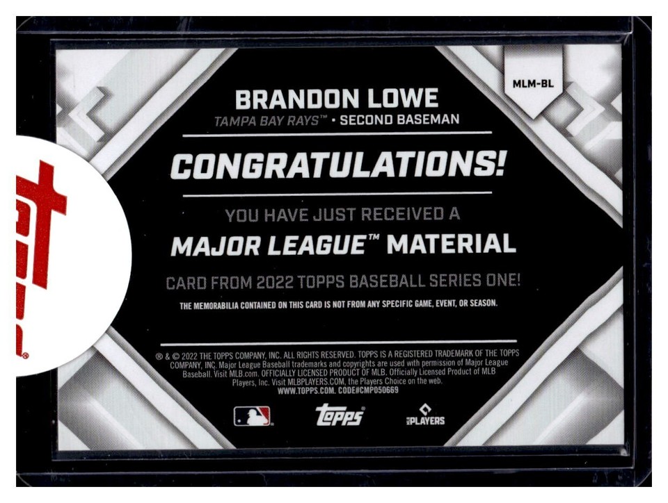 2022 Topps- Major League Materials- Black # MLM-BL Brandon Lowe Tampa ...