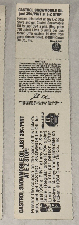 10/30/84 Minnesota North Stars Blackhawks NHL Ticket Stub Tim Trimper ...