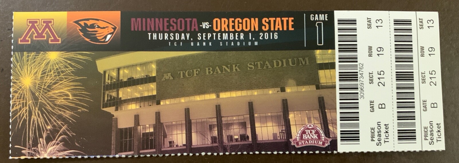 Minnesota Gophers 9/1/2016 ORIGINAL college football ticket vs Oregon ...